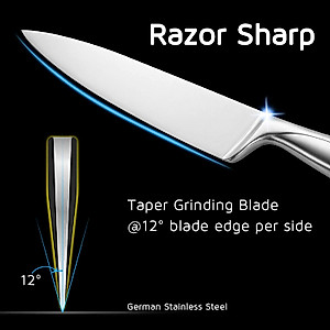 WELLSTAR Sharp Kitchen Knives 5 Piece Set, Chef Carving Bread Utility Paring Knife + Come Apart Heavy Duty Chicken Meat Scissors Shears with German Stainless Steel Blade + Onion Slicing Holder