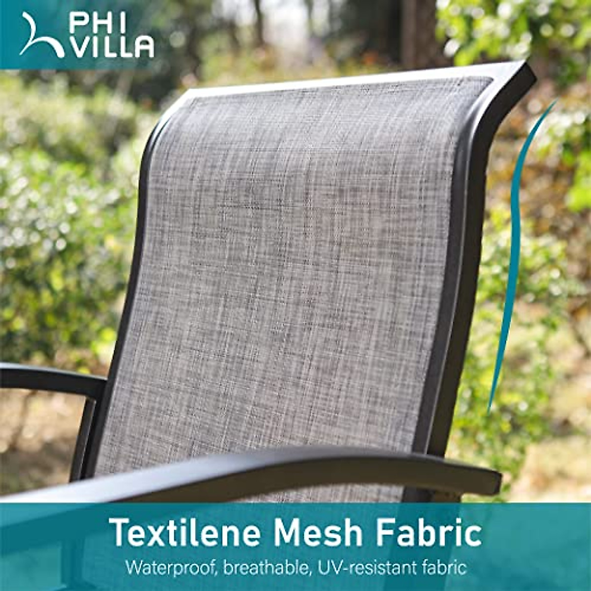 PHI VILLA Outdoor Patio Aluminum Dining Set for 4, Garden Furniture Sling Dining Table Set with Square Metal Dining Table and Aluminum Wider Armrest Dining Chairs for Deck, Yard (Grey)