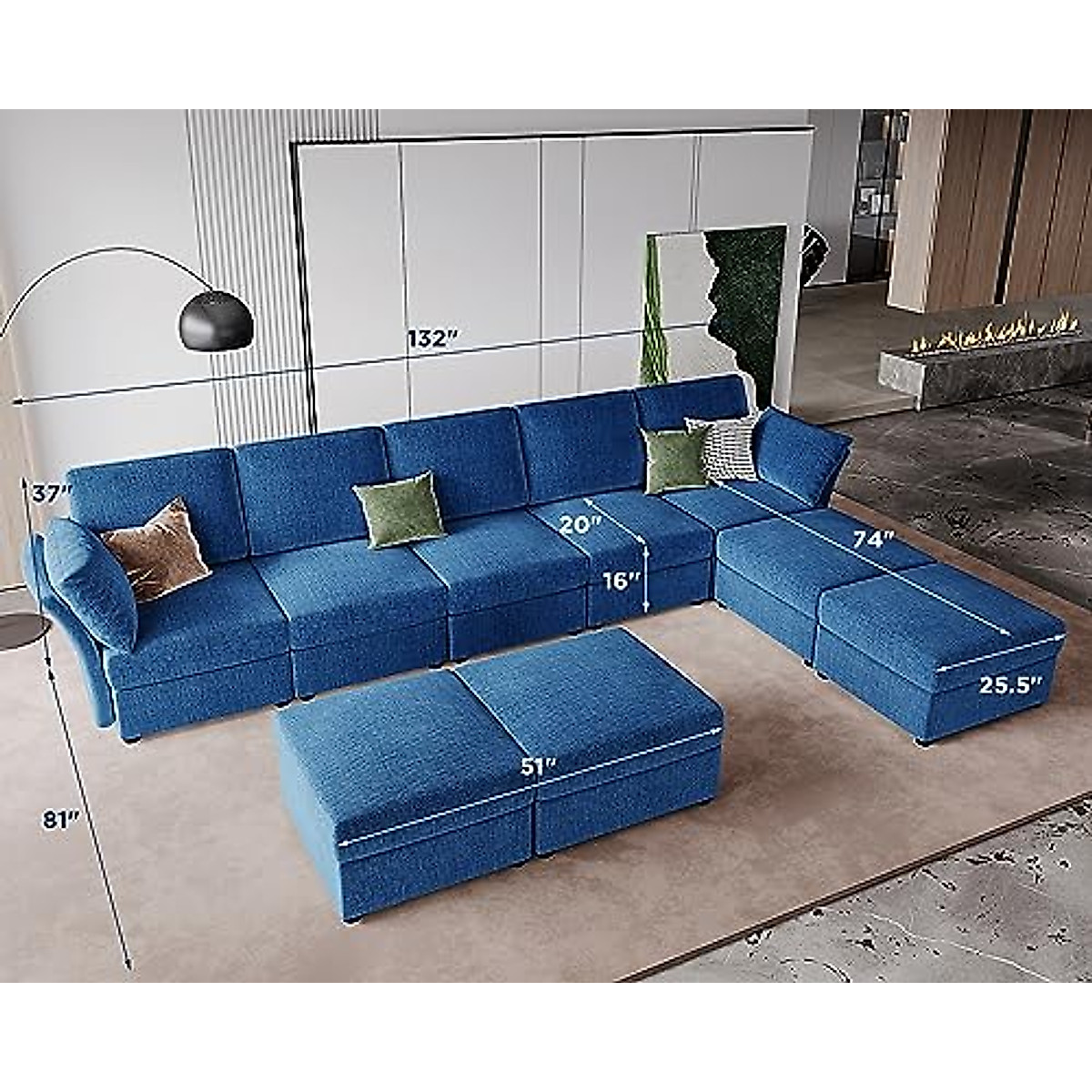 VanAcc Modular Sectional Sofa, Sectional Couch, 9 Seats Sofa- U Shaped sectional with Ottomans, Reversible Sofa Couch for Living Room, Blue Linen