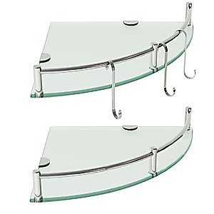 HouseMila Bathroom Shelf, 2 Tier Glass Bathroom Wall Shelf with Extra 3 Hangers Floating Glass Corner Shelves with Nail Shampoo Organizer