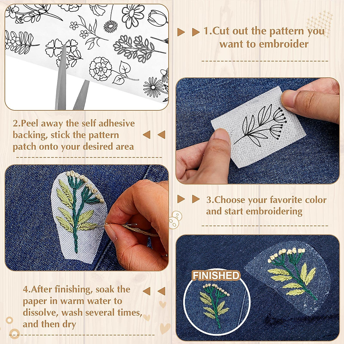 50 Pcs Hand Sewing Stabilizers Wash Away Water Soluble Stabilizer Tear Away Machine Embroidery Stabilizers with Flower Patterns for Embroidery Hand Sewing Lover