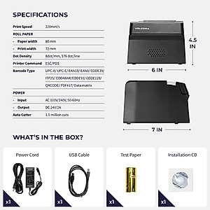 Thermal Receipt Printer, 80mm USB/Ethernet POS QR Code Printer with Auto Cutter for Cash Drawer/ESC/POS, Compatible with Android/Windows/Linux, Retailer and Restaurant Kitchen Use, Wall Mount, Black