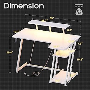 MOTPK White Gaming Desk L Shaped with LED Lights, Small Corner Computer Desk 39inch with Power Outlets, Gaming Table with PC Storage Shelf, Gamer Desk with Monitor Shelf, Carbon Fiber Texture