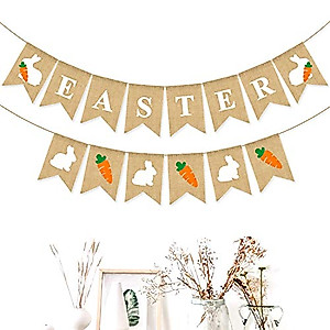 Burlap Easter Banner Easter Bunny Banner Easter Decorations Burlap Bunting Photo Props for Spring Themed Party Favors Supplies, Happy Easter Day Home Decor for Mantle Fireplace