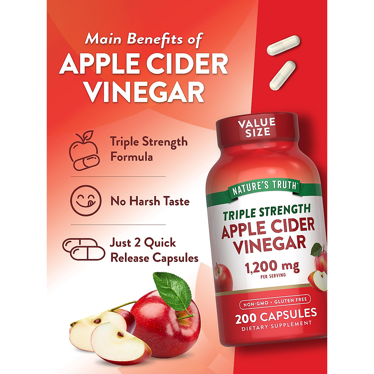Nature's Truth Apple Cider Vinegar Capsules | 1200mg | 200 Pills | Extra Strength | Value Size | Non-GMO, Gluten Free Supplement