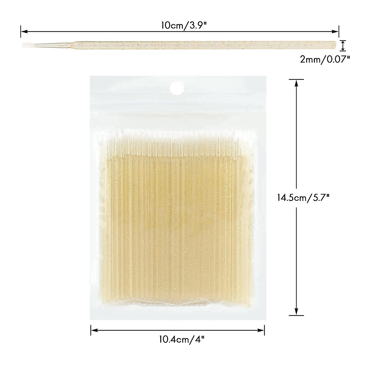 400PCS Crystal Micro Brush Applicator Disposable Micro Cotton Swabs for Eyelash Extensions Makeup Clean (Head Diameter: 2.0mm) (Gold)