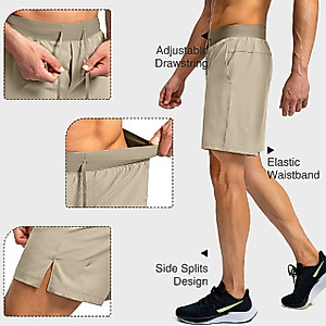 Men's Running Shorts with Zipper Pockets 7 Inch Lightweight Quick Dry Gym Athletic Workout Shorts for Men (Khaki, L)