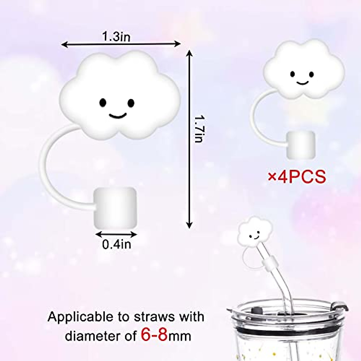 Vodolo 4Pcs Cloud Straw Covers - Straw Tip Cap Reusable Drinking Straw Toppers, Silicone Straw Plugs Reusable Cloud Shape Straw Protector