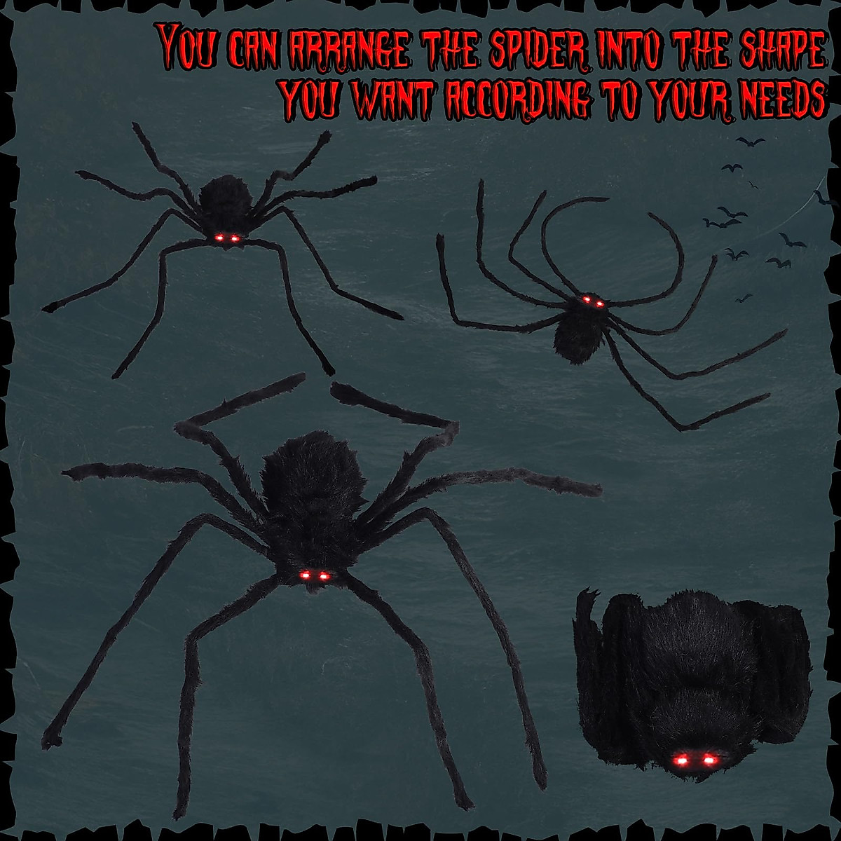 Wettarn 3 Pieces Black Halloween Giant Spider 10ft 5ft Red LED Eyes Fake Hairy Spider Props Scary Spider for Halloween Outdoor Garden Yard Creepy Party Decorations