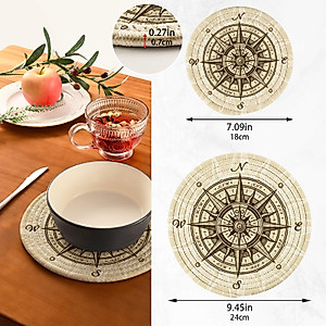 Round Woven Placemats Cotton Trivets Pot Holders 2 Pcs Set for Hot Dishes Hot Pots Pans, Vintage Nautical Compass Rose Kitchen Placemats Coasters Potholders Set Hot Pads Table Mats