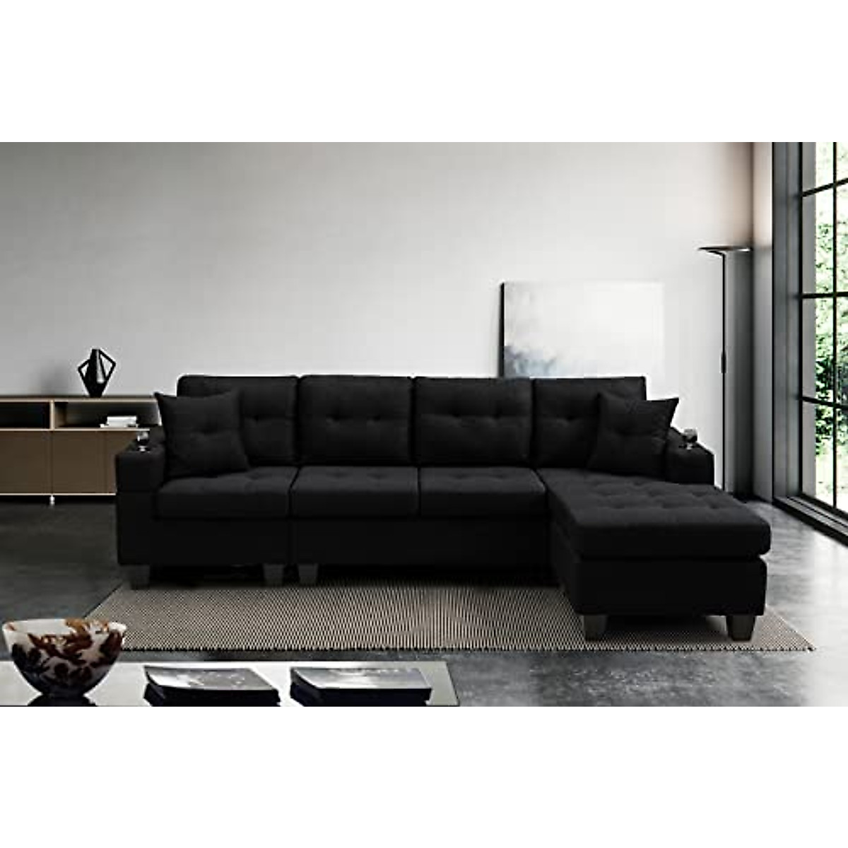 BIADNBZ Sectional Sofa Couch with Reversible Chaise Lounge and Cupholders, Modern L-Shaped Living Room Set w/2 Pillows for Apartment, Black
