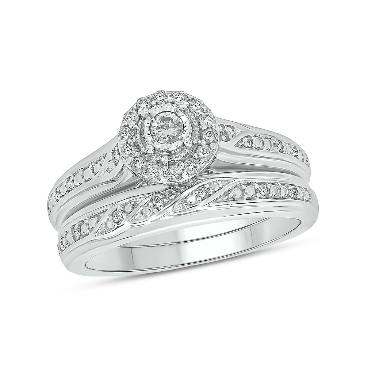 Cali Trove, 1/4cttw Diamond Halo Engagement Ring with Matching Diamond Wedding Band for Women in 925 Sterling Silver, Women's Silver Round Halo Wedding Ring Set with Diamond Accented Bands,7