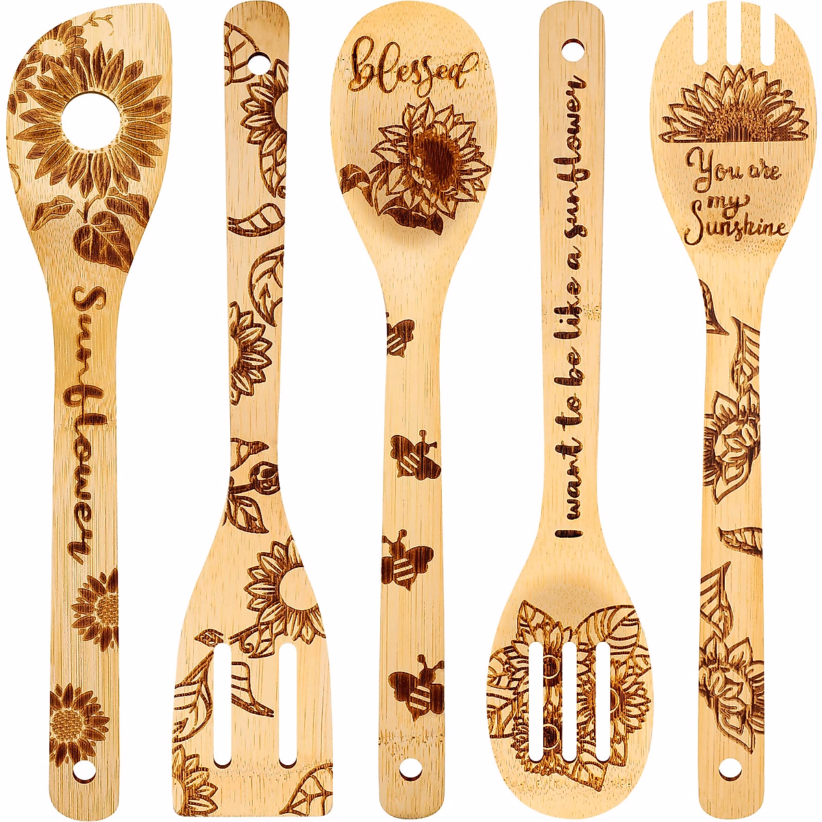 5 Pieces Sunflower Wooden Spoons Set Burned Cooking Utensil Spoon Sunflower Kitchen Baking Spoon Summer Kitchen Decoration for Wedding Bridal Shower Christmas Gift Ideas