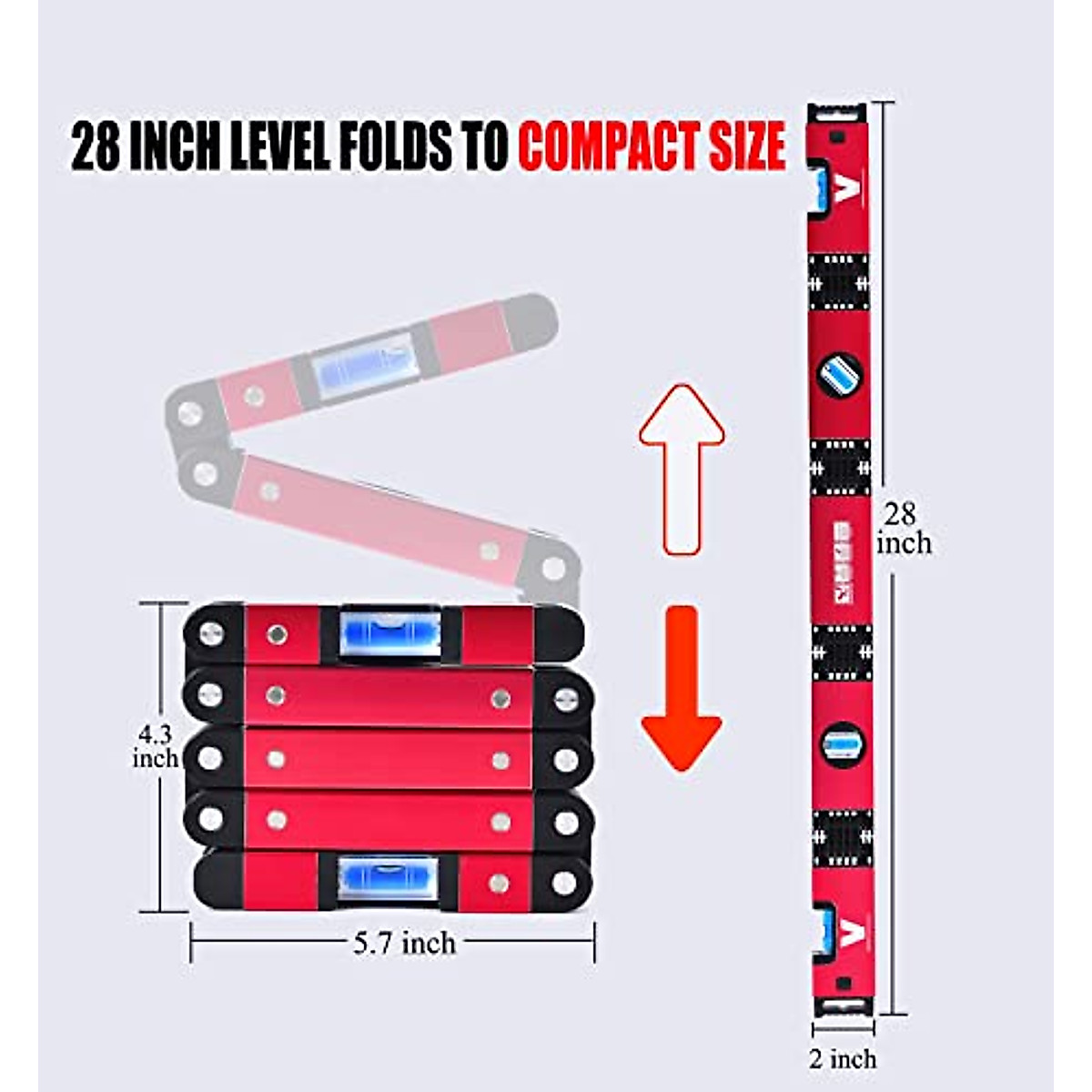 Foldable Level,BOWEITI 28 Inch Multi-Function Folding Level Measurement Tool with 45°/90°/180° Bubbles,Magnetic Versatile Hinged Level for Precise Leveling