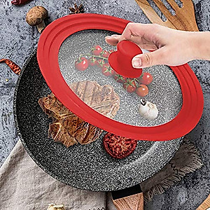 Teeo - Universal Pot Lid - Pan Cover for Frying - Drop Lid - Silicone Lids 8 - Tempered Glass Silicone Rim Cool Touch Handle Steam Vent Dishwasher Safe Skillet Multi-sized Lid (8/8.5/9.5 inches, Red)