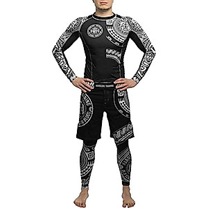 Hardcore Training Ta Moko Black Men's Rash Guard Compression Long Sleeve MMA No-Gi Tight BJJ Grappling Base Layer Fitness (Large Size, Black White)
