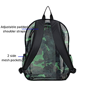 Eastsport Active Mesh Backpack See Through Semi Transparent with Adjustable Straps for Work, Travel, Security, Swimming and Beach - Camo/Black