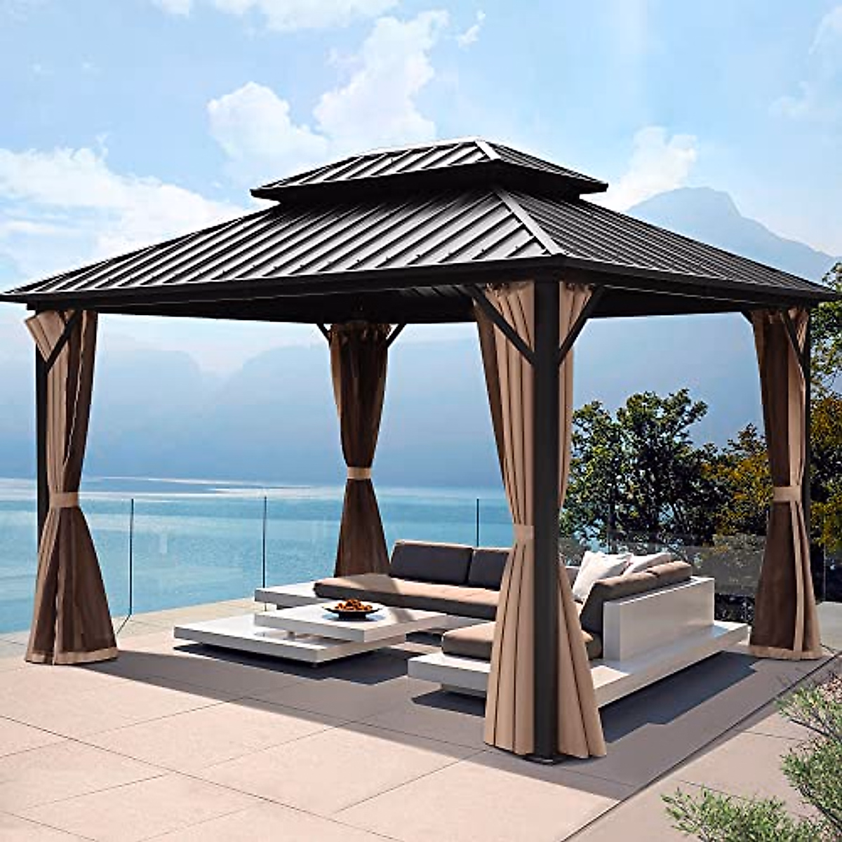 GARTOO 10x12FT Outdoor Galvanized Steel Top Gazebo with Double Roof - Heavy-Duty Hardtop Gazebo with Breathable Netting & Zipper Curtains for Patio, Porch, Garden, Lawn, Deck, Backyard