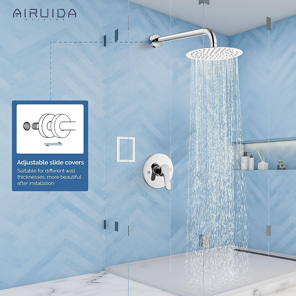 Airuida Shower Faucet Set Chrome Polish, Single Function Shower Valve Kit, Rain Shower Faucet Kit, 8 Inch Round Rainfall Shower Head with Male Threads Rough-in Valve