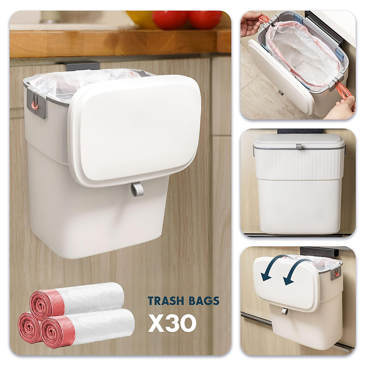 McKay Hanging Kitchen Trash Can with Lid, 30 Trash Bags|2.5 Gallon/10L Compost Bin for Under Sink, Small Trash Can,Food Waste Basket Wall-Mounted Garbage Can for Bathroom/Countertop/RV/Bedroom, White