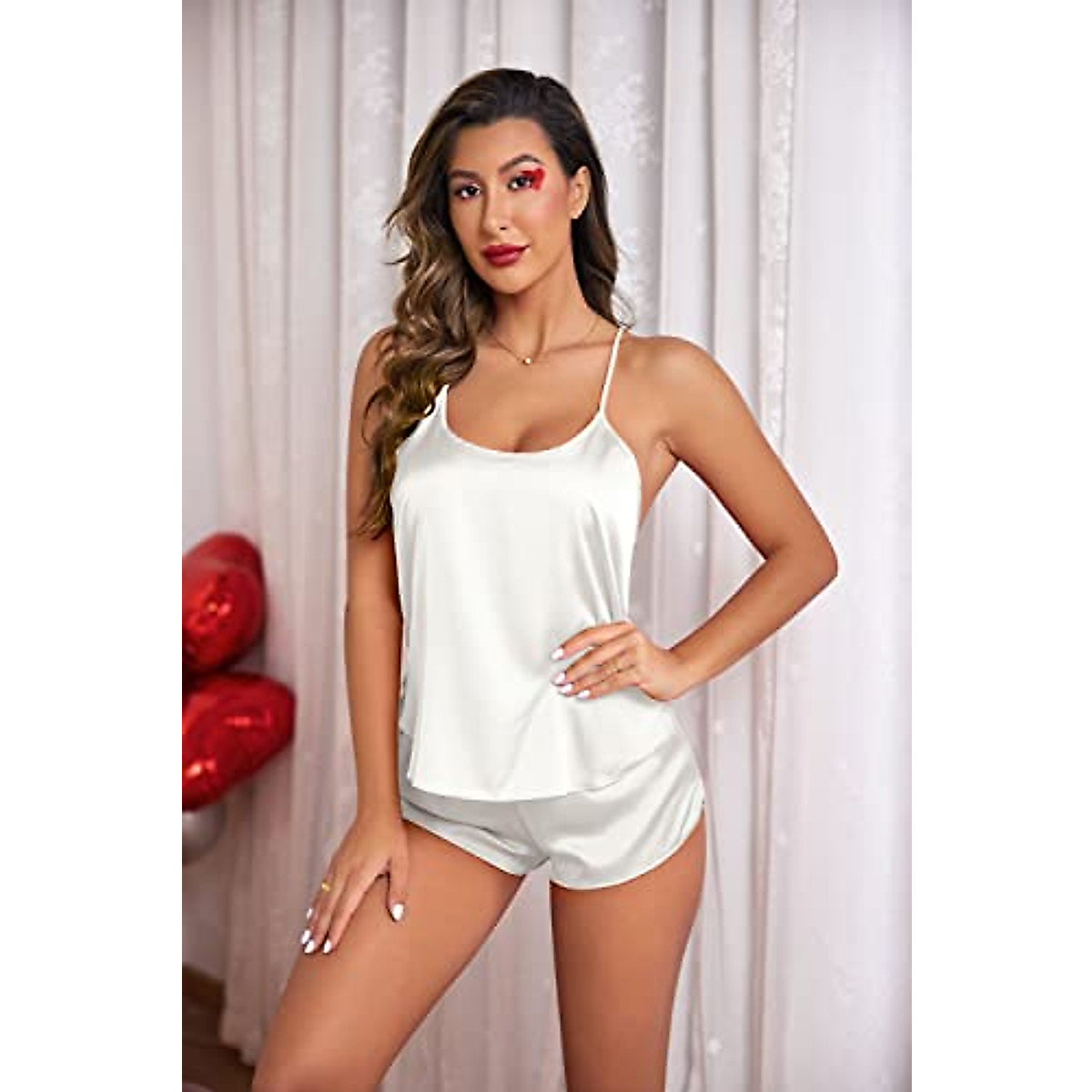 Ekouaer Womens Pajama Sets Lingerie Satin Sleepwear Cami Shorts Set 2 Piece Silk Pjs Nightwear Gift White
