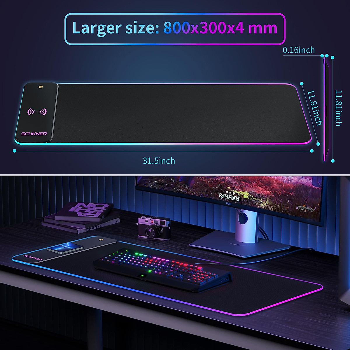 Schkner RGB Gaming Mouse Pad with Wireless Charging 15W, Large Desk Mat 800x300x4mm, 10 Light Modes Keyboard Pad with Non-Slip Rubber Base, Waterproof Mousepad for Gaming PC MacBook Laptop