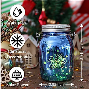 2 Pack Solar Lights Outdoor Decorative Lanterns Waterproof Solar Powered Glass Mason Jar with Color Changing LED Lights for Outdoor Garden Yard Lawn Tabletop Christmas Decorations, Blue