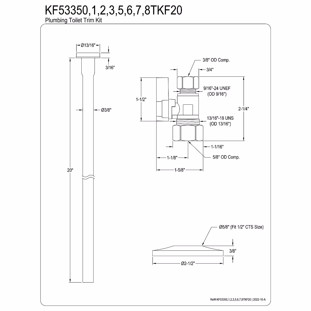 Kingston Brass KF53357TKF20 Trimscape Toilet Supply Kit, 5/8" x 3/8" OD Comp Straight Valve, Brushed Brass