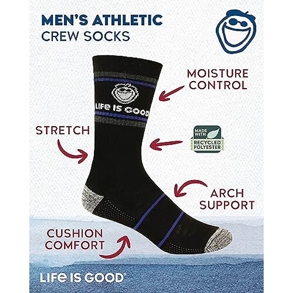 Life is Good Men's Athletic Socks - Performance Cushion Crew Socks (5 Pack), Size 6-12.5, Black