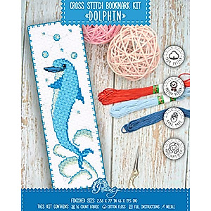 Dolphin Counted Cross Stitch Bookmark Kit for Adults - DIY Embroidery Book Marker Set with Paper Pattern, 16 Count Aida Canvas and Pre-Sorted Floss