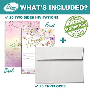 Partiness Butterfly Birthday Invitations for Girl, Purple Floral Butterfly Baby Shower Invitations, It's A Girl Blush Pink, 20 Invites + Envelopes