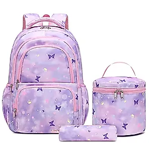 Sunborls Kawaii Backpack Cute Butterfly Exterior Teen Girls School Bookbag with Lunch Pail Pencil Case 3pcs（Purple）