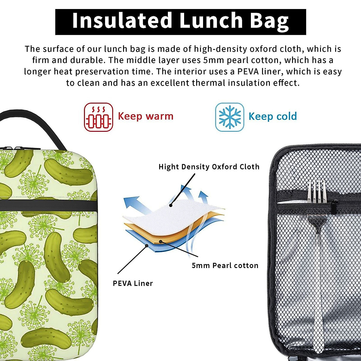 DICITNET Dill Pickles Lunch Box Reusable Insulated Lunch Bag Ladies Men's Lunch Box Suitable for Camping Office School