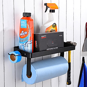YIGII Garage Paper Towel Holder with Shelf - Wall Mount Paper Towel Holder with 4 Hooks, Single-Hand Tear Paper Towel Rack Heavy Duty Tissue Holder for Clean Station, Craft Room, Workbench (Black)
