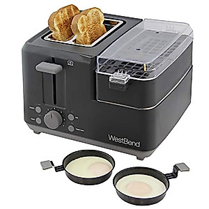 West Bend 78500 2 Slice Breakfast Station Wide Slot Toaster with Removable Crumb Tray includes Meat and Vegetable Warming Tray with Egg Cooker and Poacher, 2-Slice, Black