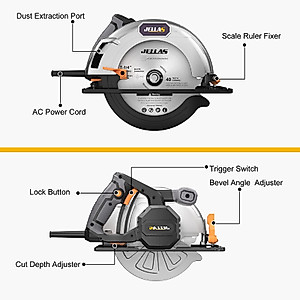 Circular Saw, 13-Amp 5500RPM 7-1/4" Power Circle Saw with 3 Saw Blade 24T/36T/40T, Cutting Depth : 2-9/16" at 90°, 1-3/4" at 45° for Wood, Bevel Angle(0 to 45°), AC Power Cord