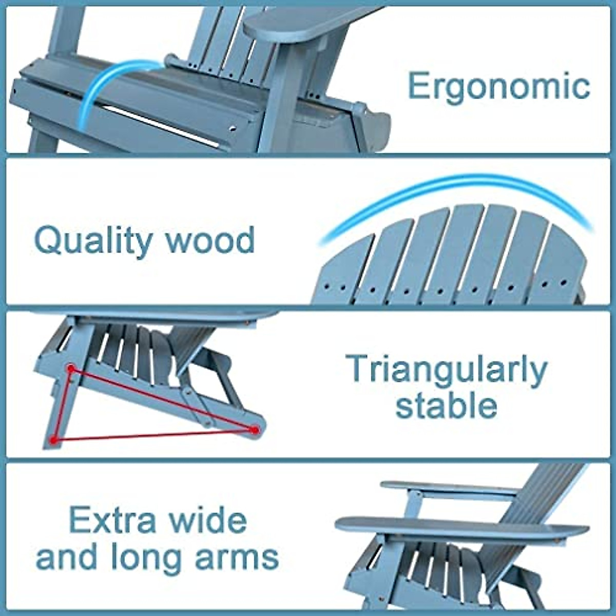 Folding Adirondack Chair Outdoor Patio Chairs with Arms Lounger Chair for Garden Porch Deck Backyard Fire Pit Solid Wooden Weather Resistant Lawn Chairs Wooden Accent Furniture Outdoor Seating