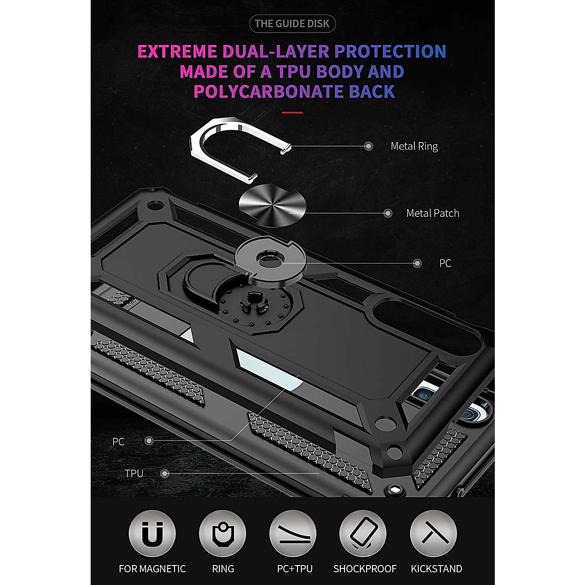 TJS Compatible with Samsung Galaxy A50 2019 Case, with Tempered Glass Screen Protector Metal Ring Magnetic Support Kickstand Heavy Duty Drop Protector Phone Case Cover (Black)