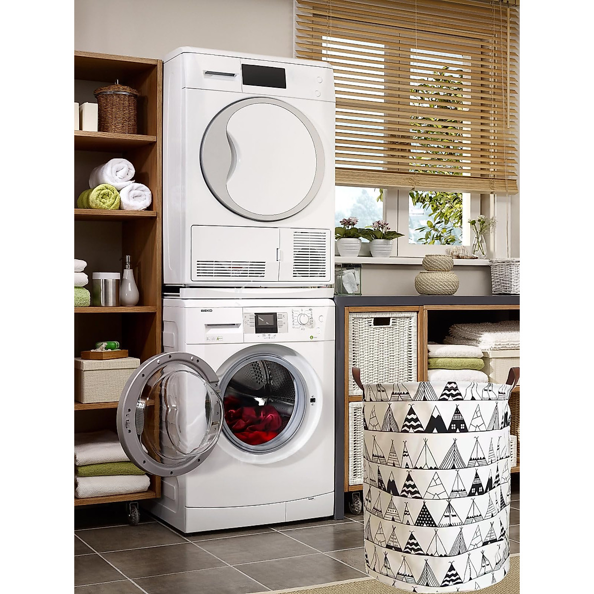 Nictemaw Laundry Hamper, Foldable Laundry Basket with Waterproof PE Coating, Canvas Fabric Round Large Storage Baskets with Leather Handles for Blankets, Clothes, Pillows, Shoes