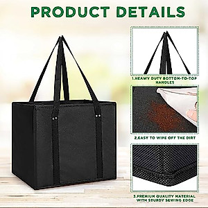 Silkfly 6 Pcs Reusable Grocery Bags with Sturdy Cardboard Bottom and Handles Large Heavy Duty Washable Shopping Tote Bags Bulk Utility Foldable Storage Bins Basket for Food Cart Clothes, Black