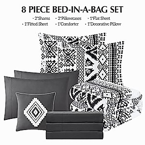 CASAAGUSTO Queen Comforter Set, 8 Pieces Boho Comforter Set, Microfiber Cozy Bohomian Bedding Set with Decor Pillow, Lightweight Breathable for All Seasons (Black and White Queen 90x90 Inches)