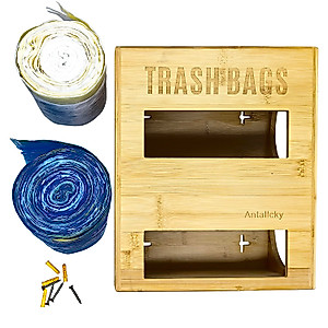 Antallcky Bamboo Trash Bag Dispenser Roll Holder 13 Gallon 2 Rooms,Garbage Bag Storage Dispenser Organizer Wall Mount or Under Sink for 2 Rolls of Plastic Bags(Up to About 160 Bags)