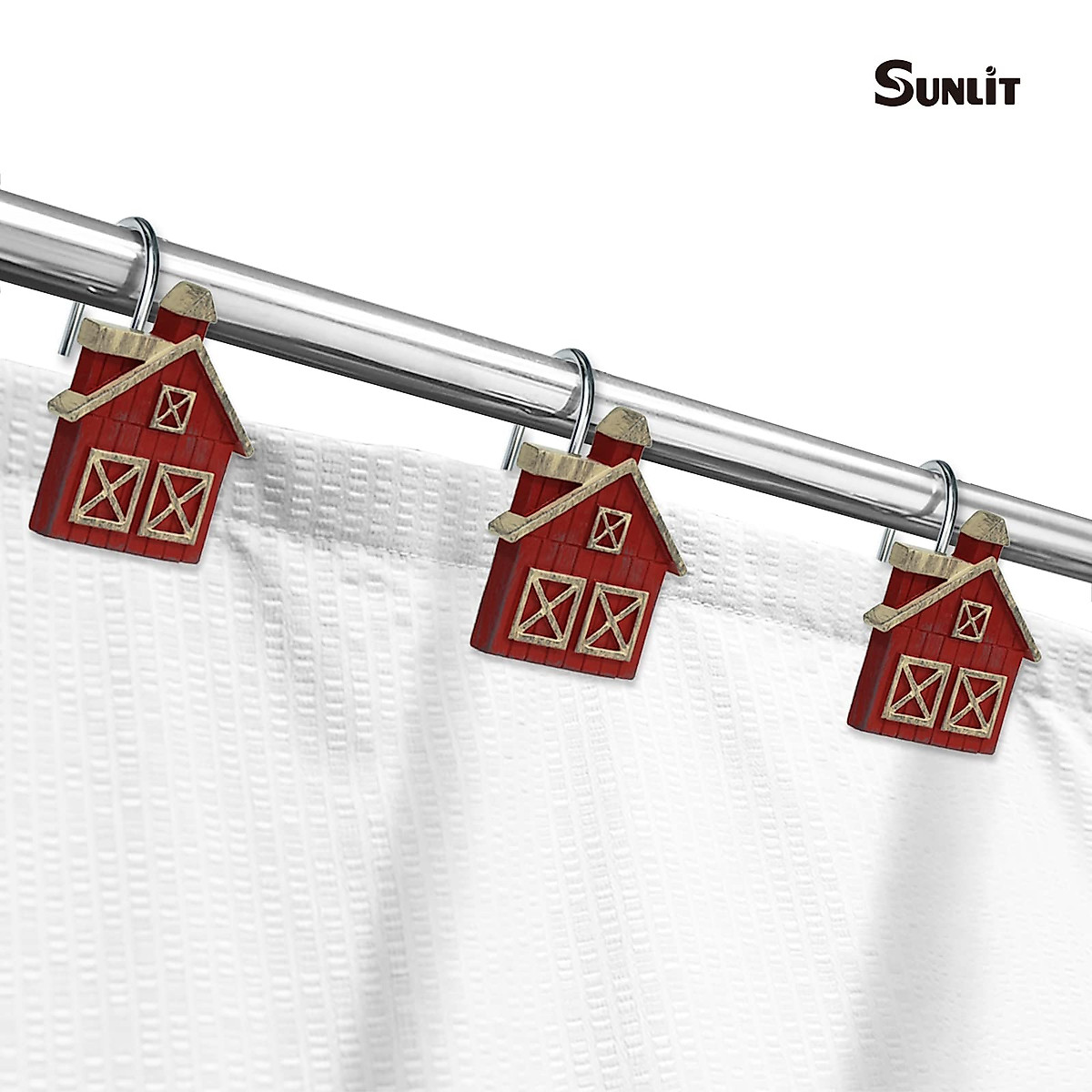 Sunlit Farmhouse Barn Christmas Shower Curtain Hooks, Rustic Red House Decorative Shower Curtain Rings, Resin, Wooden Plank Rural Country Bathroom Decoration Shower Curtain Hooks-12 Pack