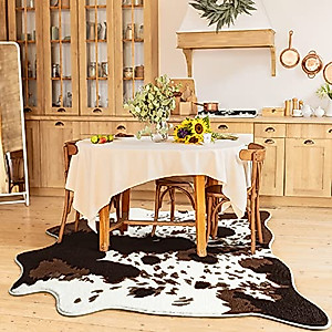 Kimicole Cute Cow Print Rug Faux Cowhide Rug, Upgraded Fluffy Animal Printed Area Rug for Living Room Bedroom Office Western Decor, Luxury Animal Print Carpet Non-Slip, Brown and White, 4.6ft x 5.2ft