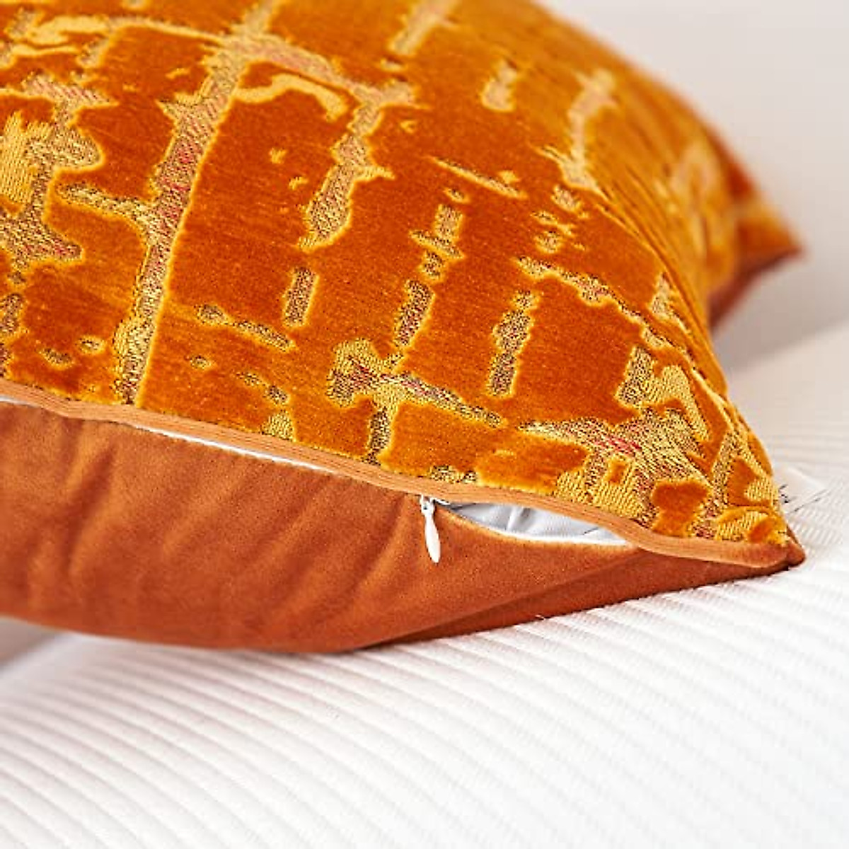 Alerfa 12 x 20 Inch Rectangle Geometrical Plaid Striped Embroidery Cut Velvet Cushion Case Luxury Modern Lumbar Throw Pillow Cover Decorative Pillow for Couch Sofa Living Room Bedroom Car, Orange