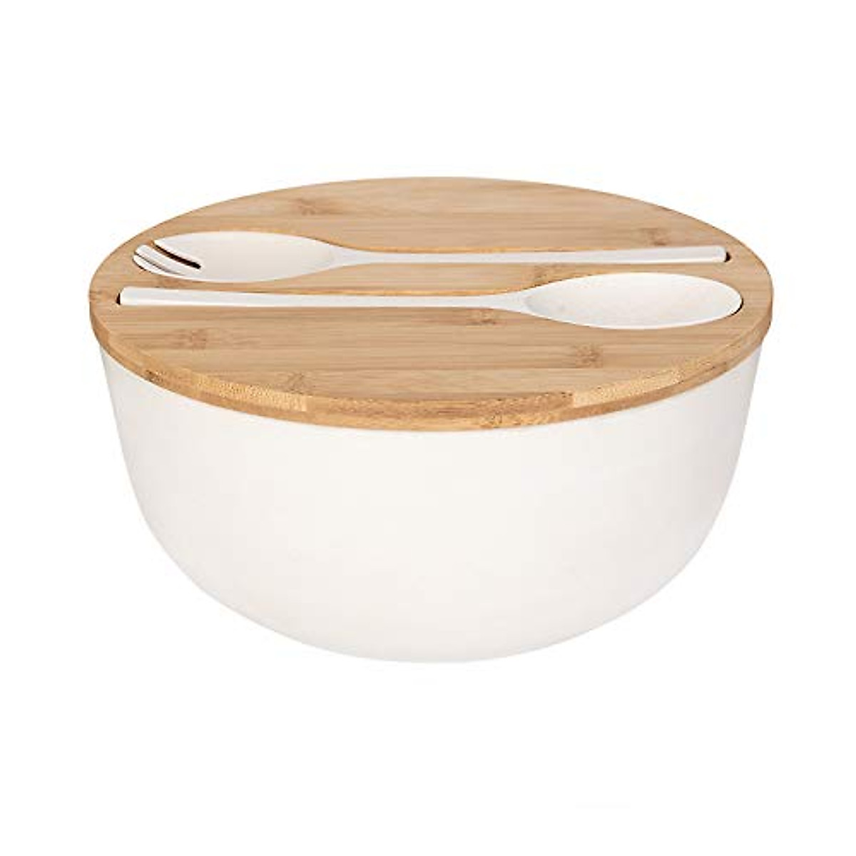 GEHE Bamboo Salad Bowl with Servers Set - Large 9.8 inches mixing bowls Solid Bamboo Salad Wooden Bowl with Bamboo Lid Spoon for Fruits,Salads and Decoration (White, 9.8INCH)