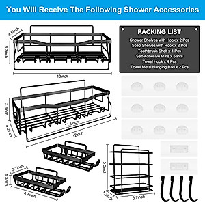 MEINV 5 Packs Shower Caddy Shelves, Black Self Adhesive Shower Shelf Organizer with Hooks and Towel Rod, Wall Mounted Rustproof Stainless Steel Inside Shower Racks No Drilling for Bathroom Kitchen
