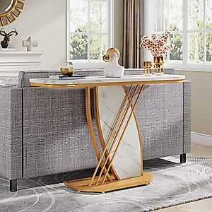 Tribesigns Gold Entryway Table, Modern Console Table, Half Moon Entry Table with Geometric Metal Legs, Faux Marble Narrow Sofa Table Hallway Table for Entrance, Living Room, White & Gold