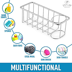 Zulay 2-in-1 Sponge Holder for Sink - Stainless Steel Kitchen Sink Sponge Holder with Extra Strong Adhesive - Rust Proof Dish Brush Holder & Dish Sponge Holder - Solid Sponge Caddy Sink Organizer
