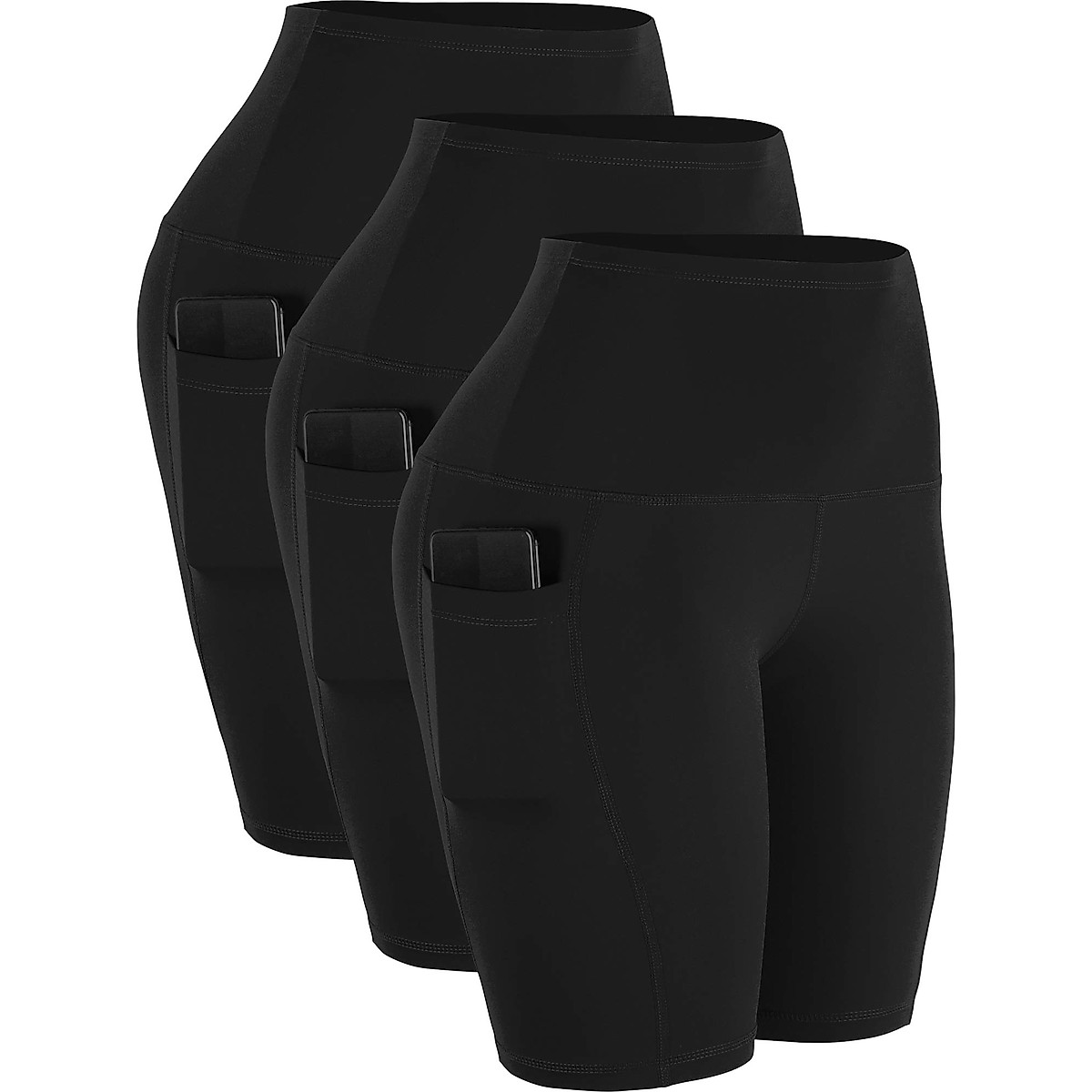 CADMUS 3 Pack Women 9" Biker Compression Short Leggings for Yoga Workout with Big Pockets,3 Pack,1026,Black,Large